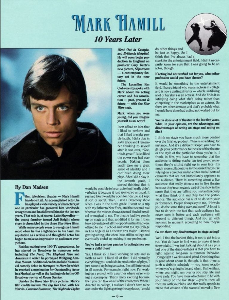 Mark Hamill Interview (1988) from the 'Lucasfilm Fan Club' Issue #3 ...